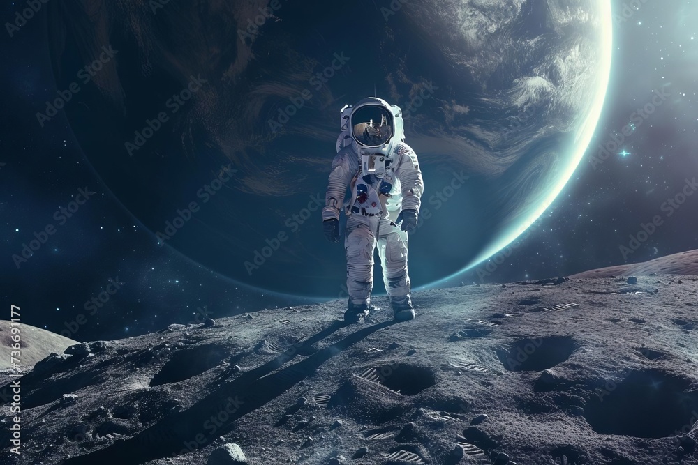 Astronaut exploring a lunar landscape with earth visible in the ...