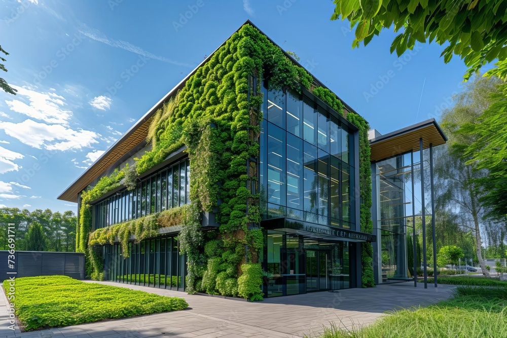 Eco-friendly office building surrounded by greenery Showcasing ...