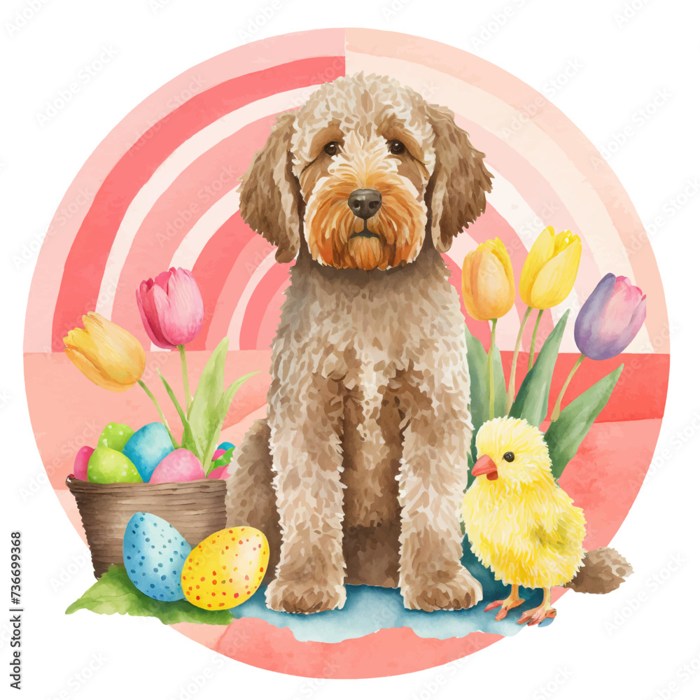 cute labradoodle dog with easter eggs, chick and tulips on transparent ...