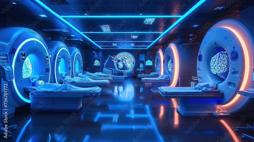 Advanced medical imaging technology in neon blue showcasing a series of ...