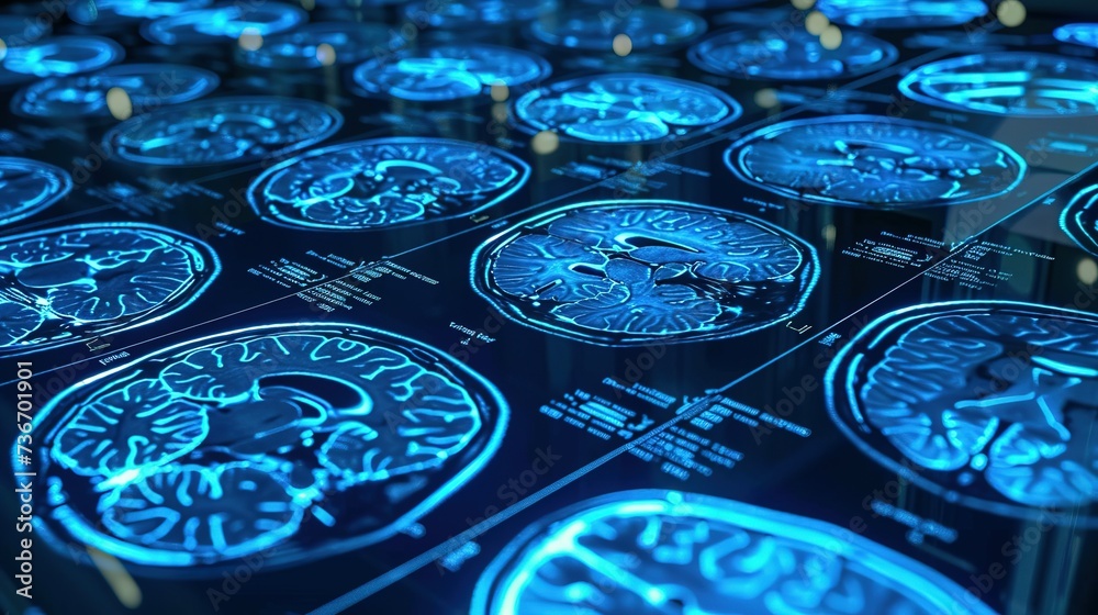 Advanced medical imaging technology in neon blue showcasing a series of ...