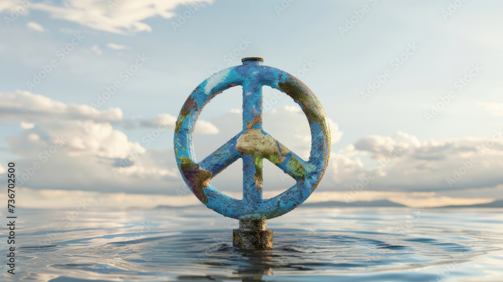 Friedenssymbol (Peace-Zeichen) mit Weltkarte im Meer. Der Welttag des ...