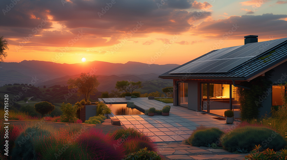 solar panels on the roof at sunset, solar panels on the roof, solar ...