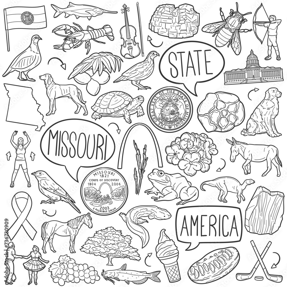 Missouri Doodle Icons Black and White Line Art. USA State Clipart Hand ...
