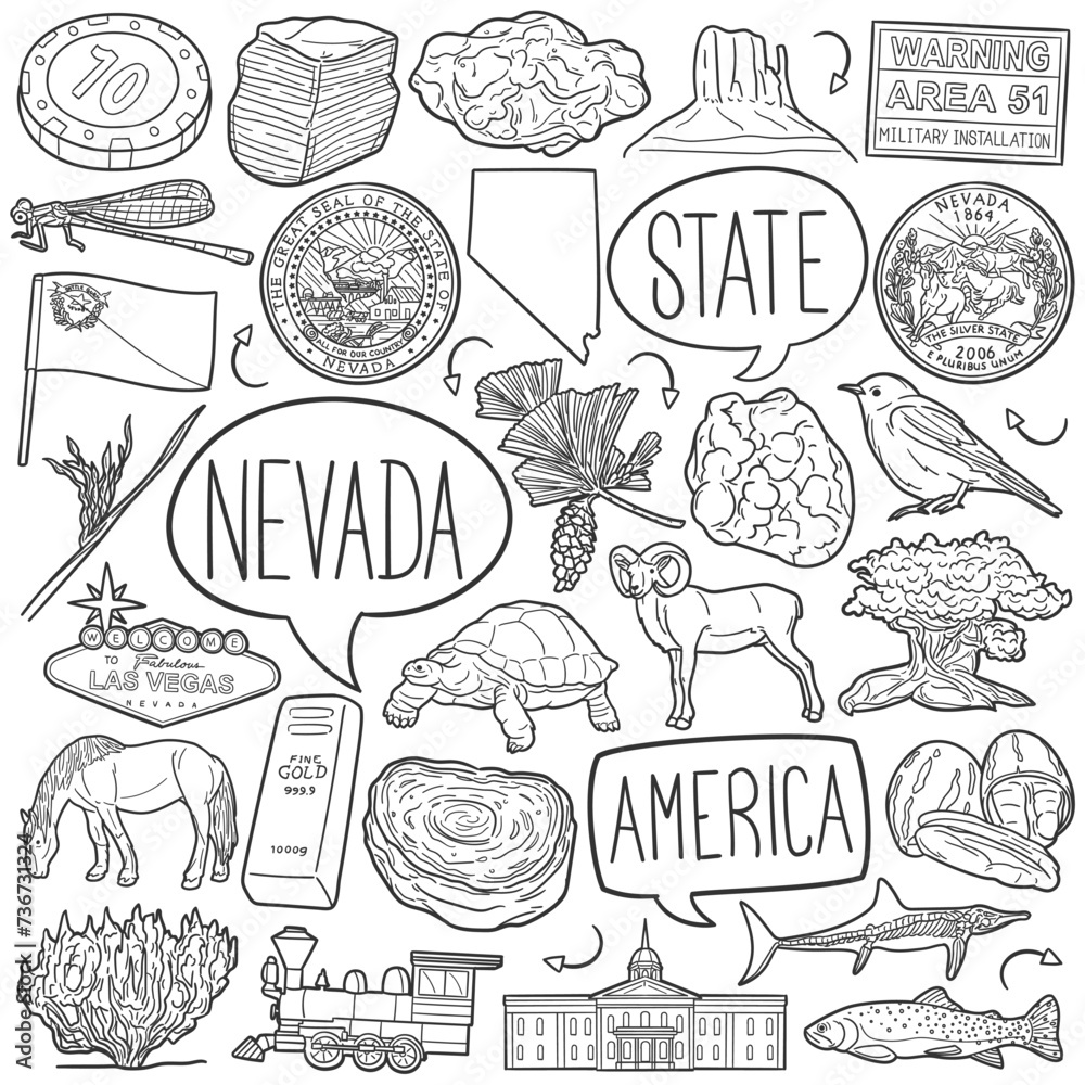 Nevada Doodle Icons Black and White Line Art. USA State Clipart Hand ...