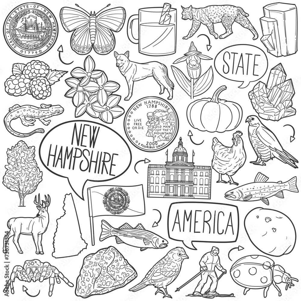 New Hampshire Doodle Icons Black and White Line Art. USA State Clipart ...