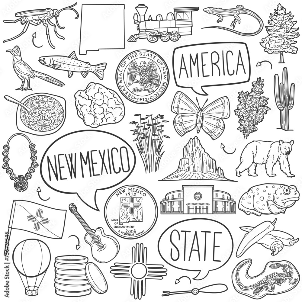 New Mexico Doodle Icons Black and White Line Art. USA State Clipart ...