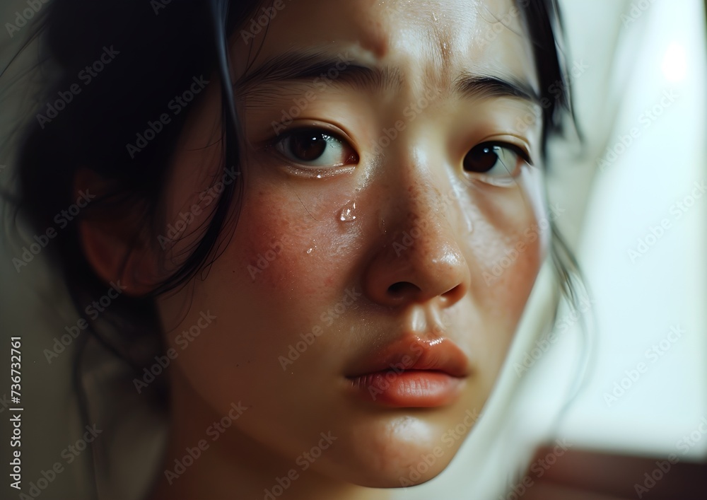 Beautiful girl with sad red eyes And there was a single tear rolling ...