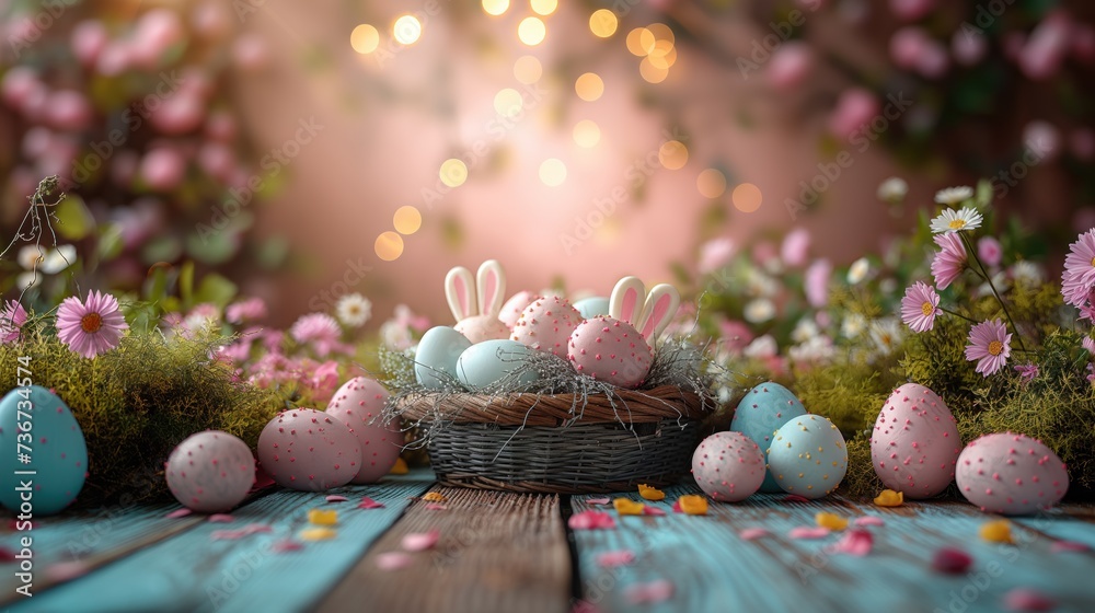 Fundo fotográfico com cenário de pascoa com ovos, flores e cesto Stock ...