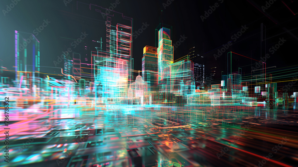 Hologram interface concept with futuristic skyscraper building for ...