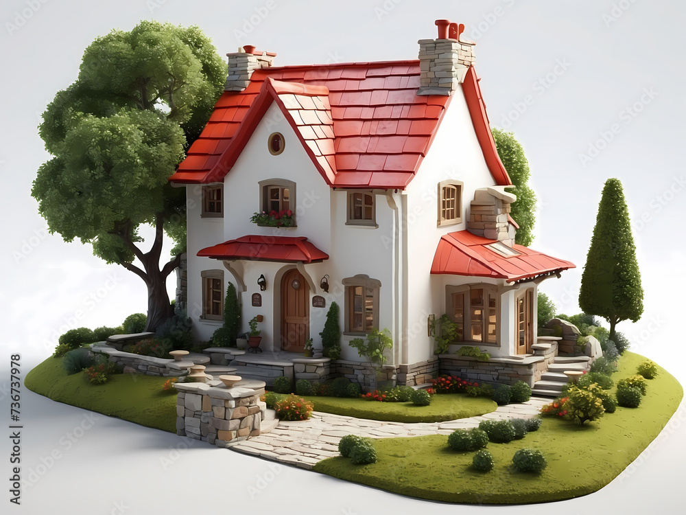 3D miniature model of a classic house with trees and grass on white ...
