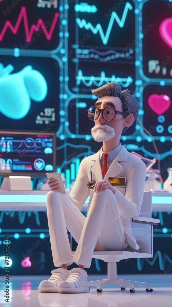 Cartoon digital avatar of Dr. Heartwise, sitting in front of a virtual ...