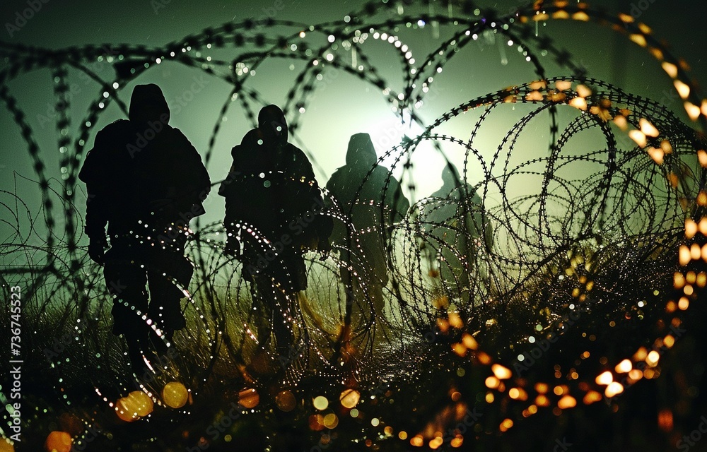 Shadows of migrants behind barbed wire at a border crossing ...