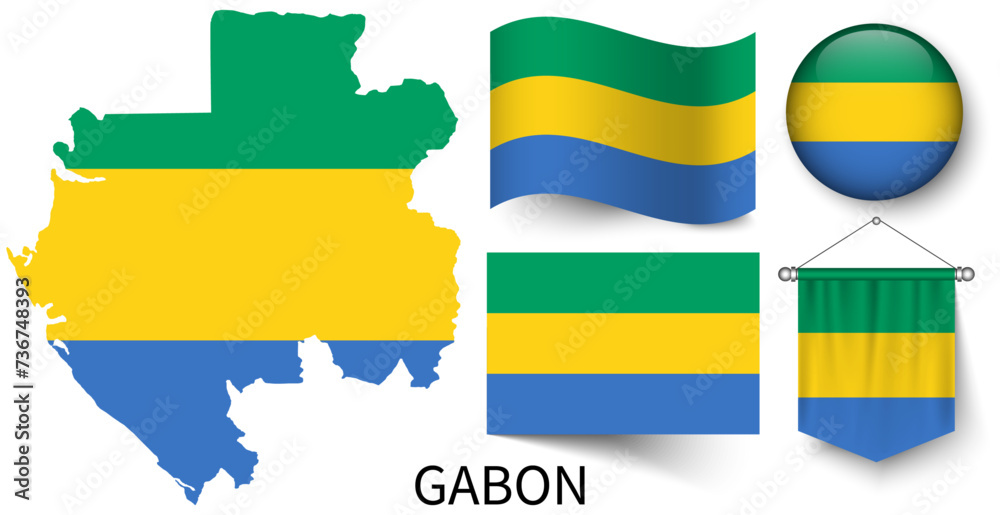 The various patterns of the Gabon national flags and the map of Gabon's ...