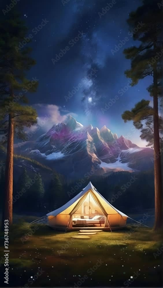 An animated video of a tent portrait with a snowy mountain background ...