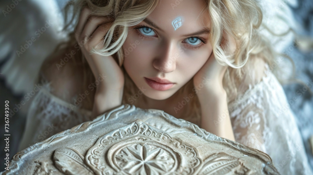 An angelic being with elongated features and piercing blue eyes ...