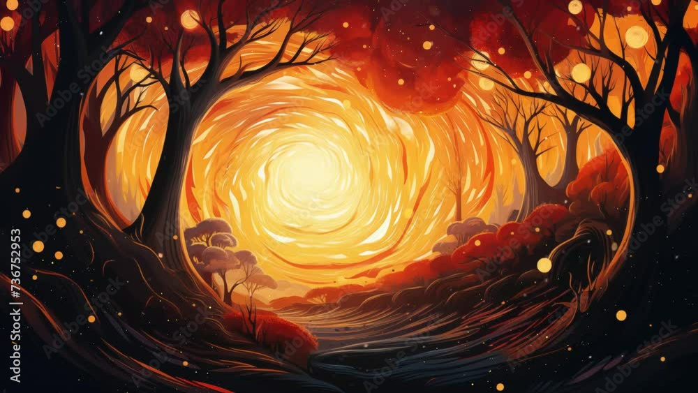 illustration glowcore flat design- whirling autumn. glowing fantasy ...