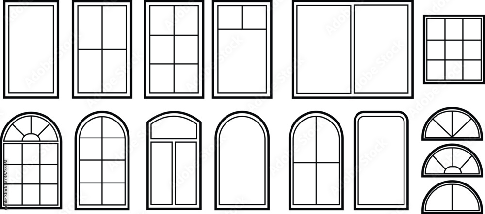 Se of Window frames. Silhouette of window. Outline icons of house and ...