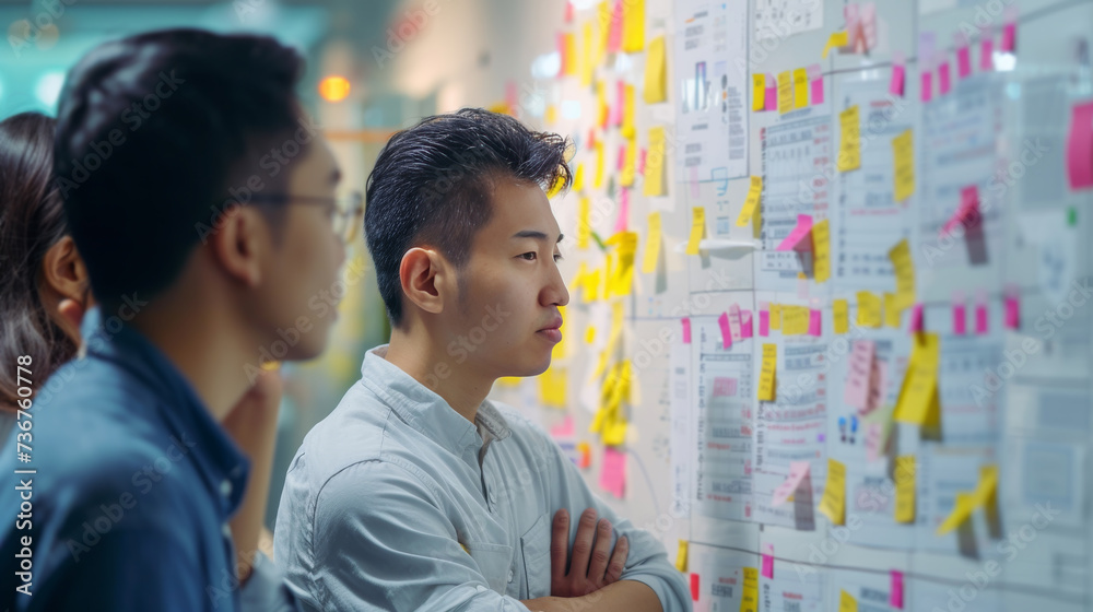 Team of project managers mapping out tasks and deadlines on whiteboard ...