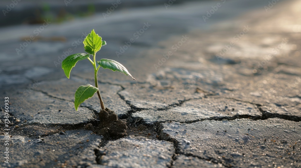Plant breaking through concrete pavement as a symbol of business ...