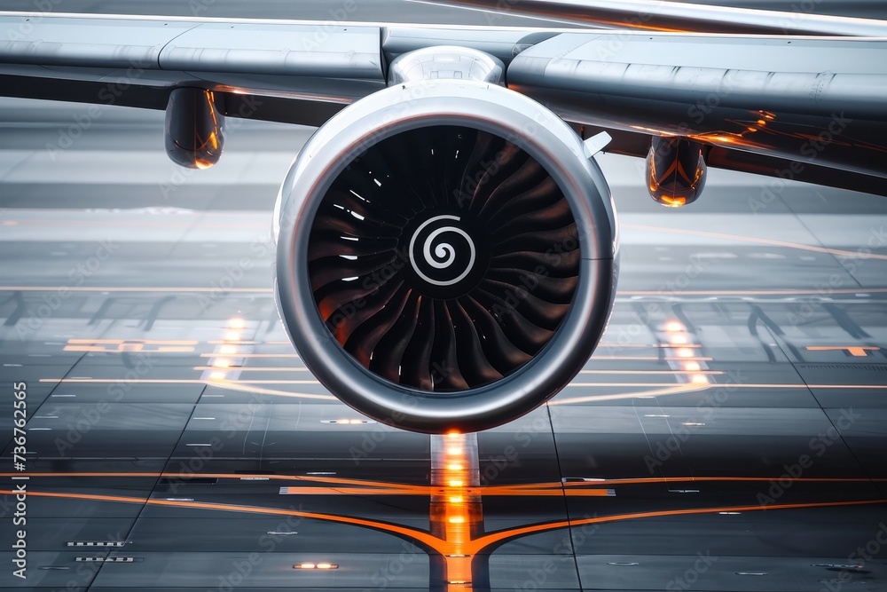 Highly detailed image of jet engine blade design and reflective airport ...