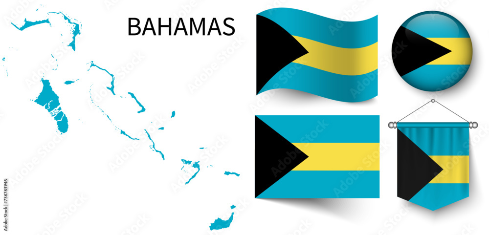 The various patterns of the Bahamas national flags and the map of ...