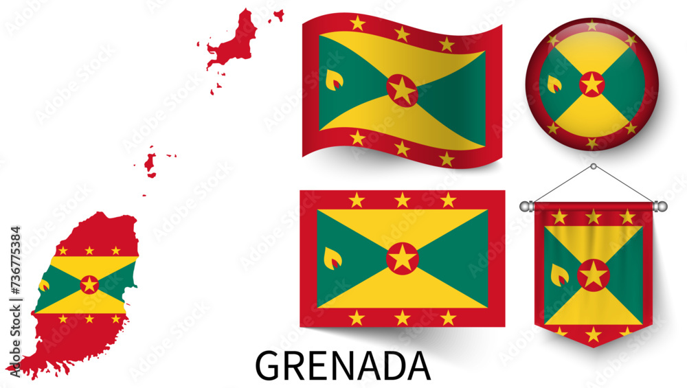 The various patterns of the Grenada national flags and the map of ...