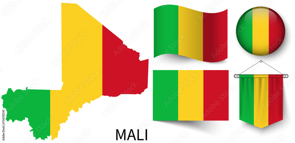 The various patterns of the Mali national flags and the map of Mali's ...