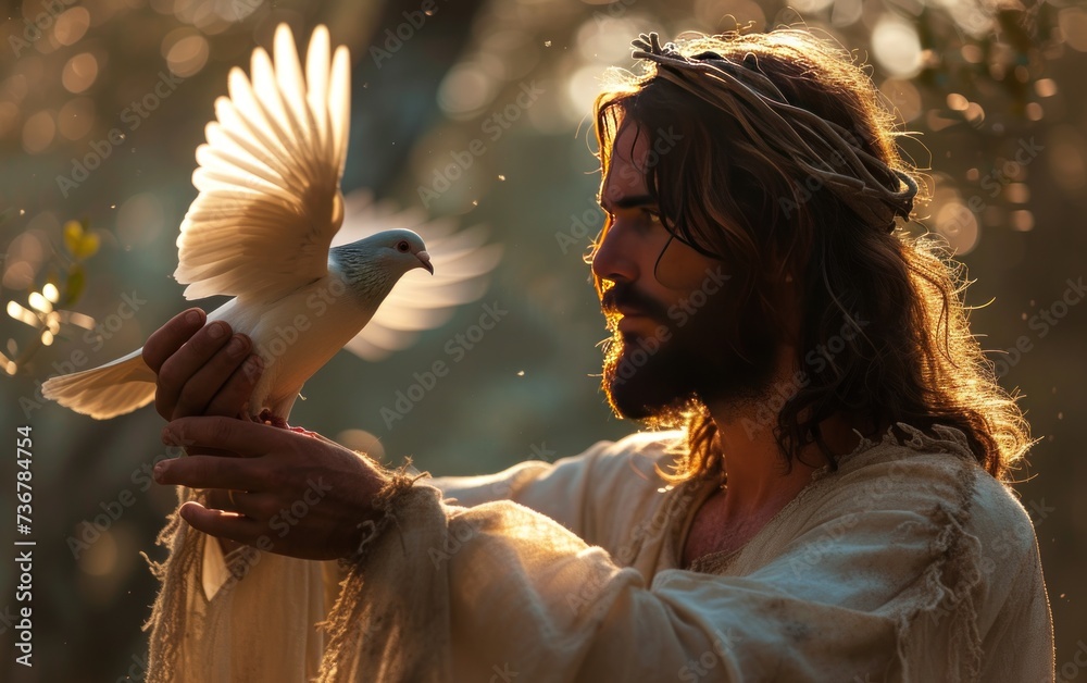 Jesus Christ with a dove. Jesus baptised concept. Generative AI Stock ...