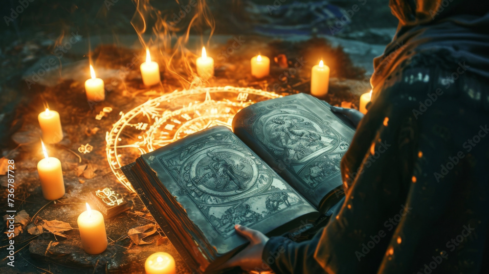 A celestial being deep in meditation amid a circle of burning candles ...