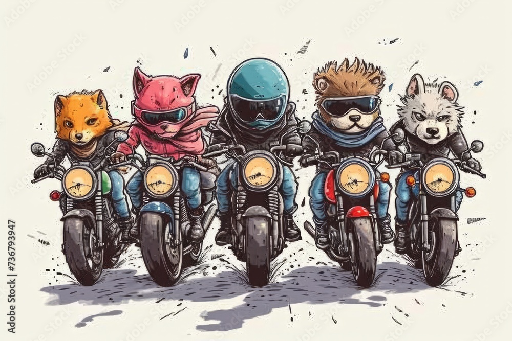 Cartoon cute doodles of a lively motorcycle gang with adorable animal ...