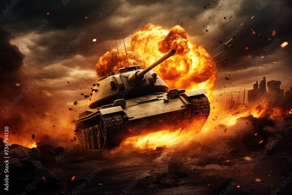 War tank firing, a armored tank shooting of a battle field in a war ...