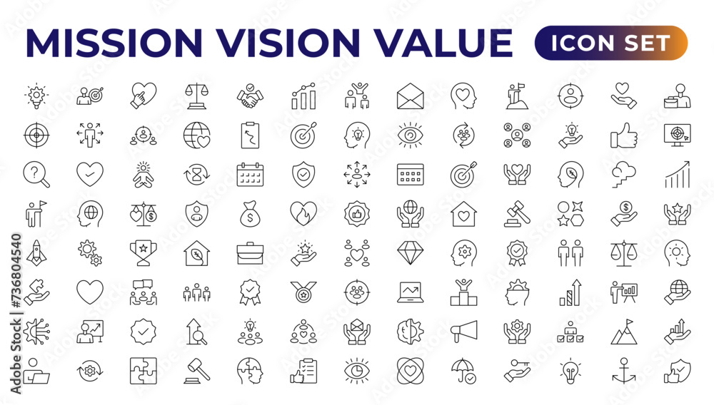 mission, vision & value icon set. Outline illustration of icons. Core ...