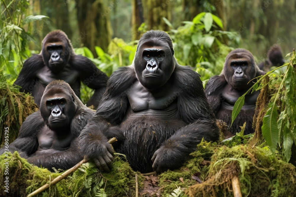 A group of gorillas in their natural rainforest habitat, Endangered ...