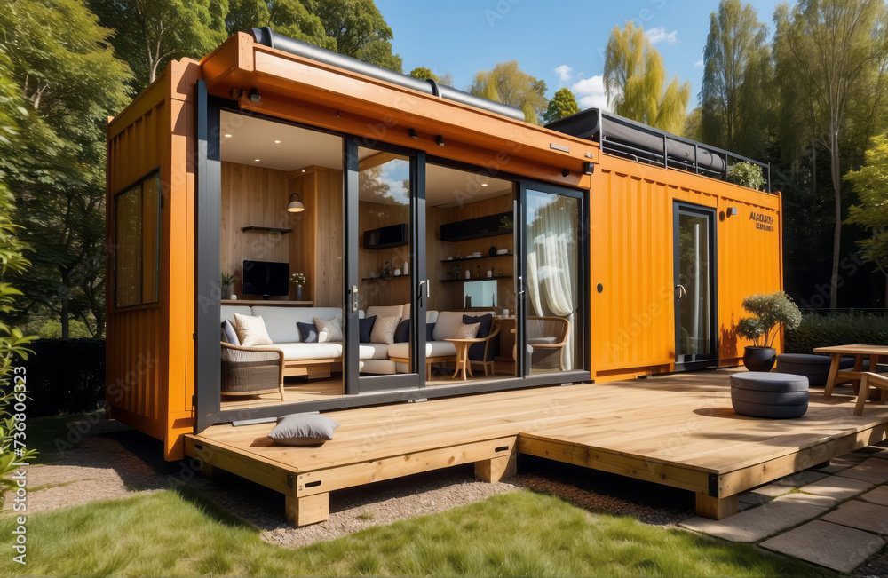 Modern tiny house made from old shipping containers. Shipping container ...