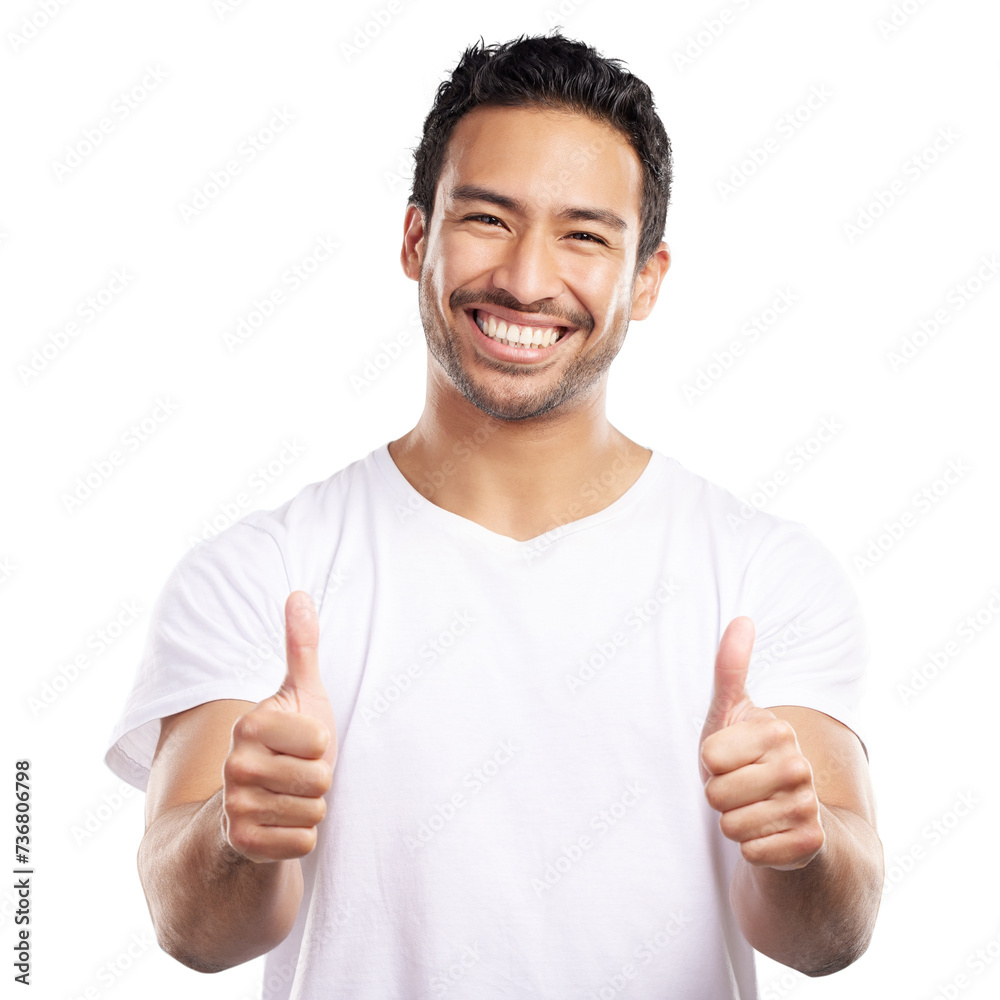 Isolated man, thumbs up and happy in portrait for choice, feedback and ...