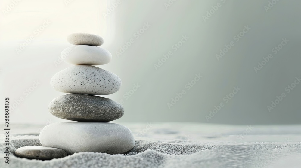 Zen white and grey stones, balance stones on the sand, on a blurred ...