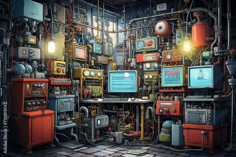 Picture a whimsical fusion of antiquated technology and animation with ...