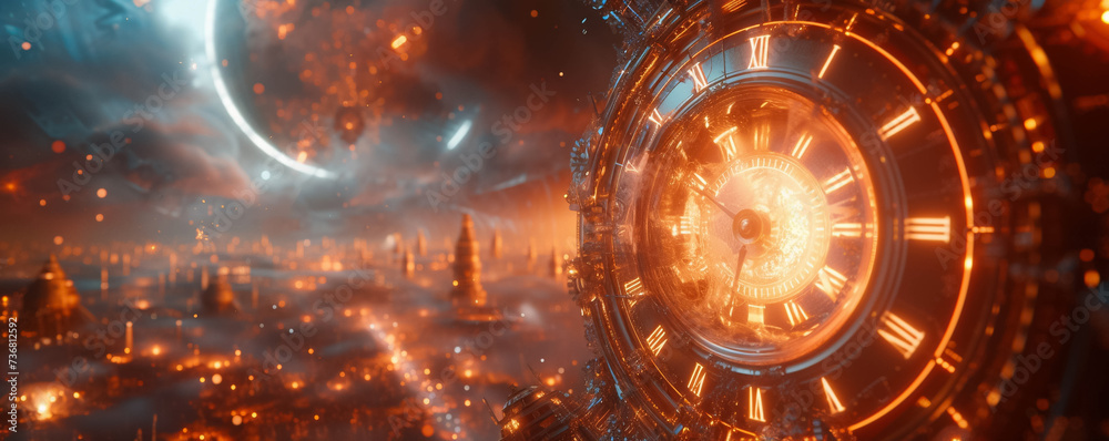 abstract fusion of a clock face and a hydrogen bomb where the intricate ...