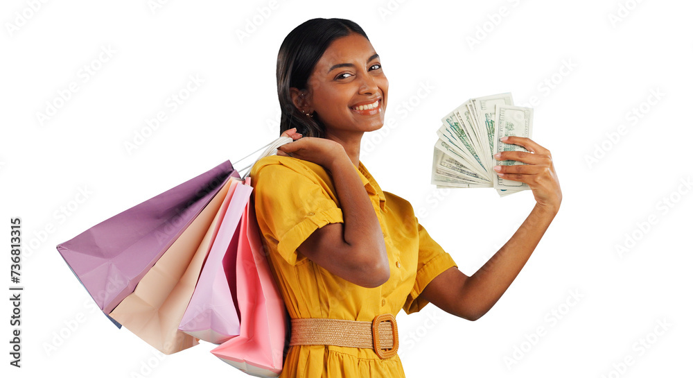 Woman, shopping bag and cash fan with wealth for commerce and customer ...
