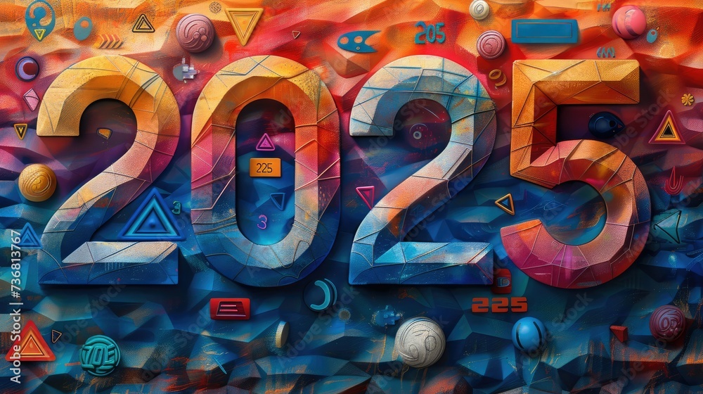 Colorful numbered year "2025" in a rainbow of colors, in the style of ...