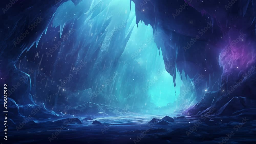 glacial ice cave at night with each ice crystal emit. seamless looping ...