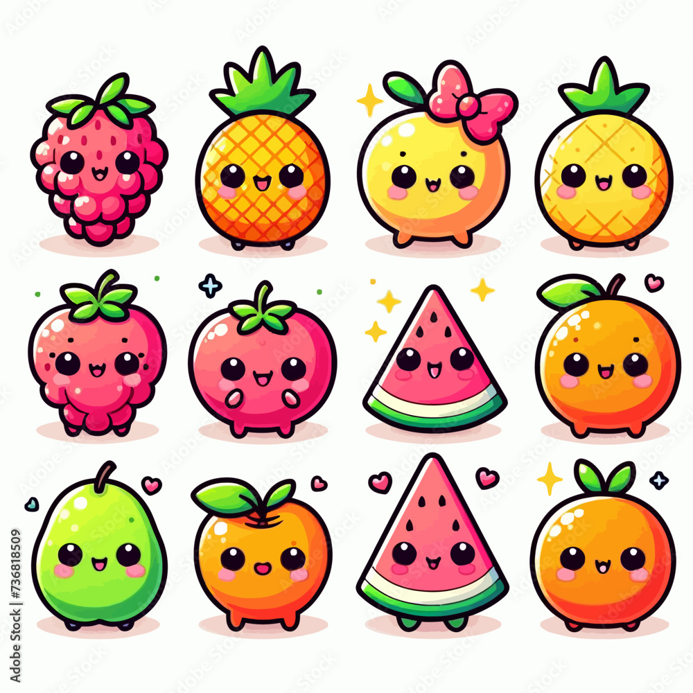 Cute Fruit, Happy cute set of smiling fruit faces. Vector set of flat ...