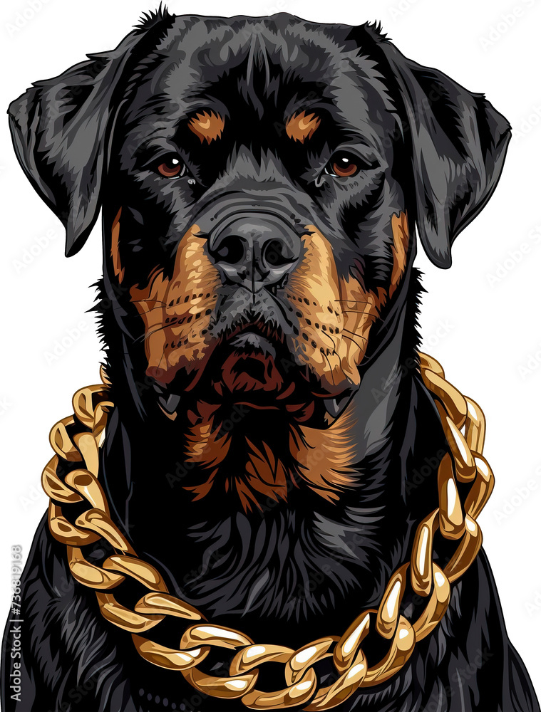 Rottweiler with thick gold chain dog collar isolated on transparent ...