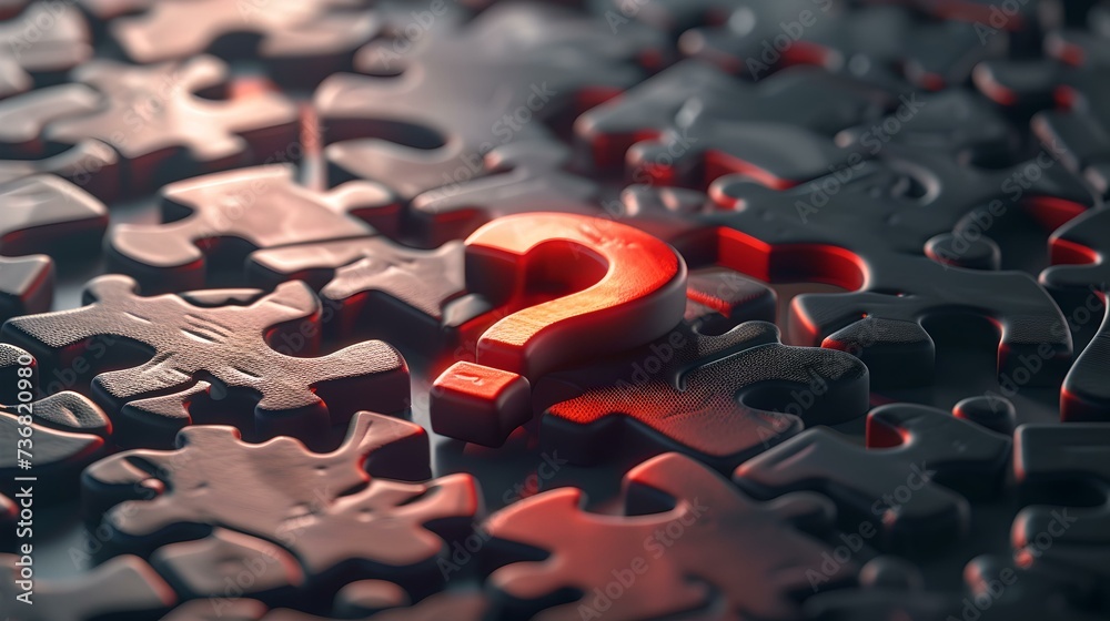 Striking red question mark on black puzzle pieces. concept of challenge ...