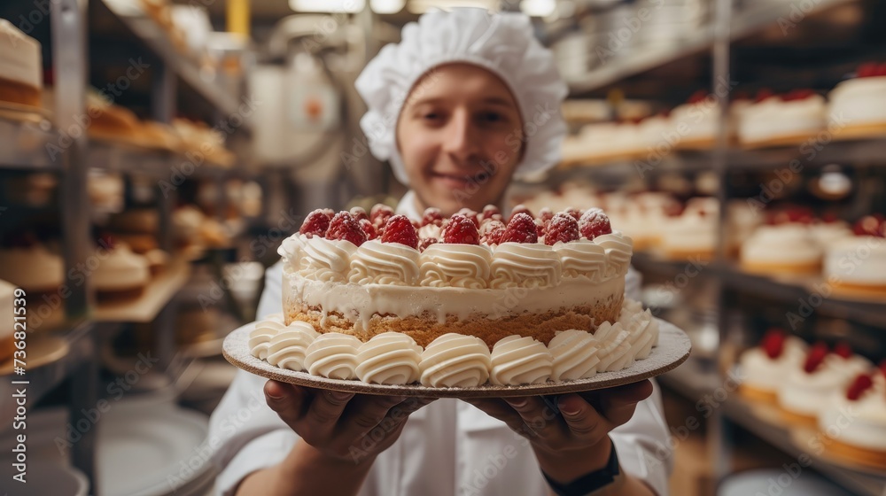 Cake employee standing in middle of cake factory holding a huge ...