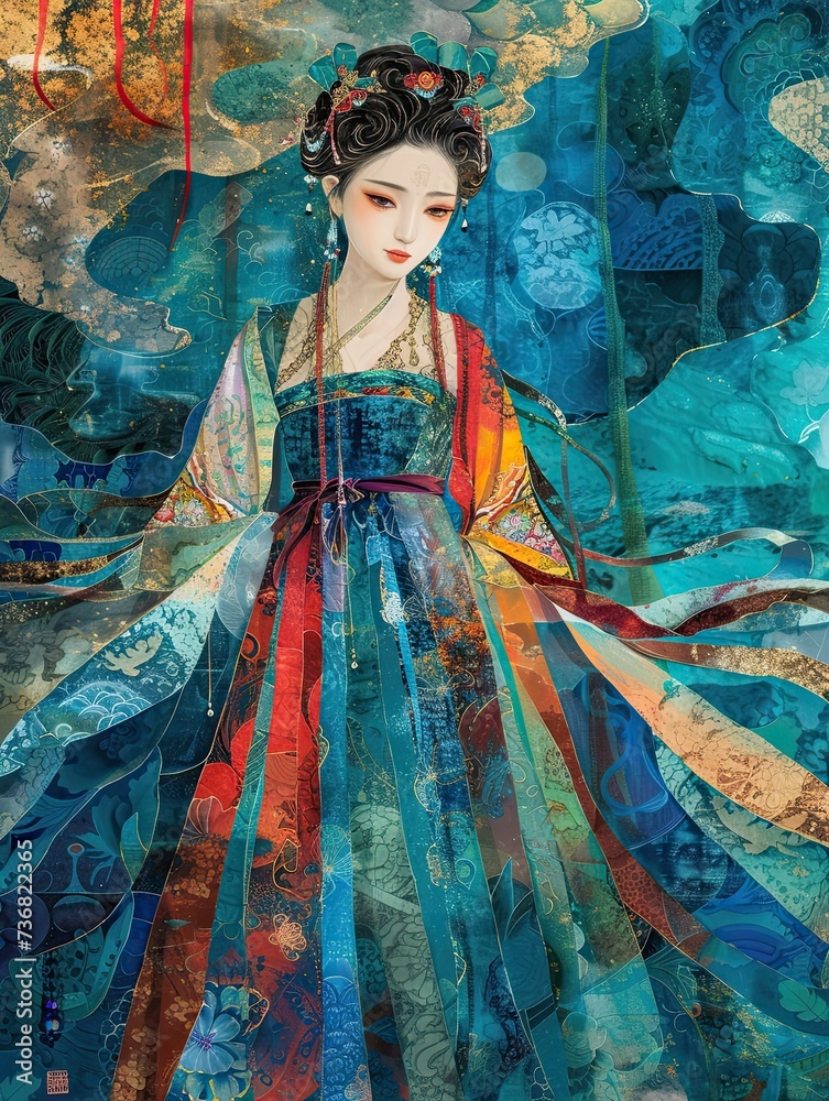 ancient Chinese princess in traditional royal dress with colourful ...