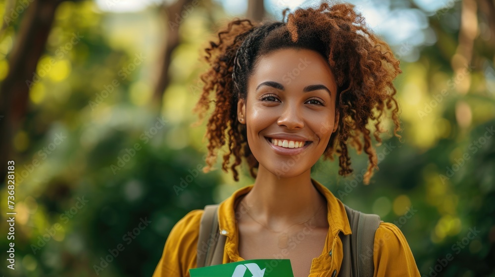 Eco-Friendly Living: Woman with Recycle Symbol, cheerful woman promotes ...