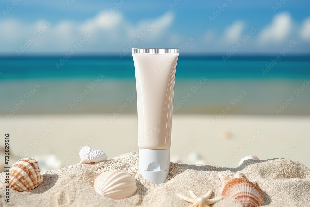 Sunscreen in white plastic tube. Studio photo shoot with sand, shells ...