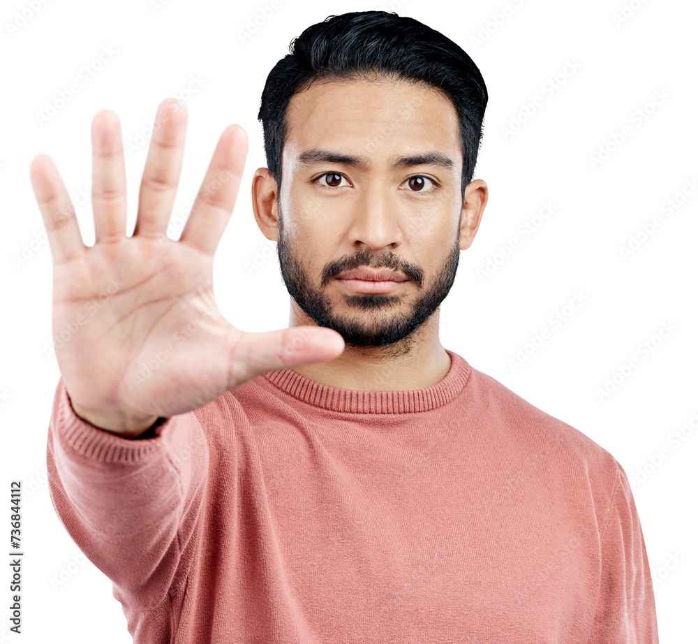 Man, hand and stop in portrait for security, warning or caution with ...